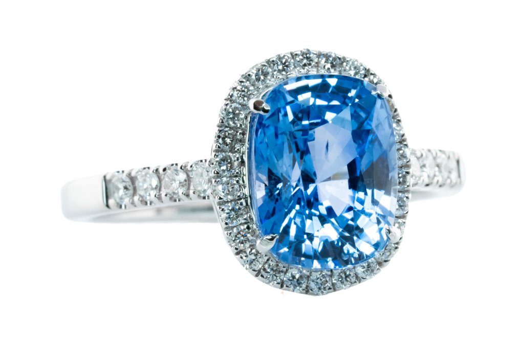 Pierścionek - 14-karatowe Białe złoto, Intensywny niebieski 'Chaber' (Cejlon) - 3.39ct. tw ...