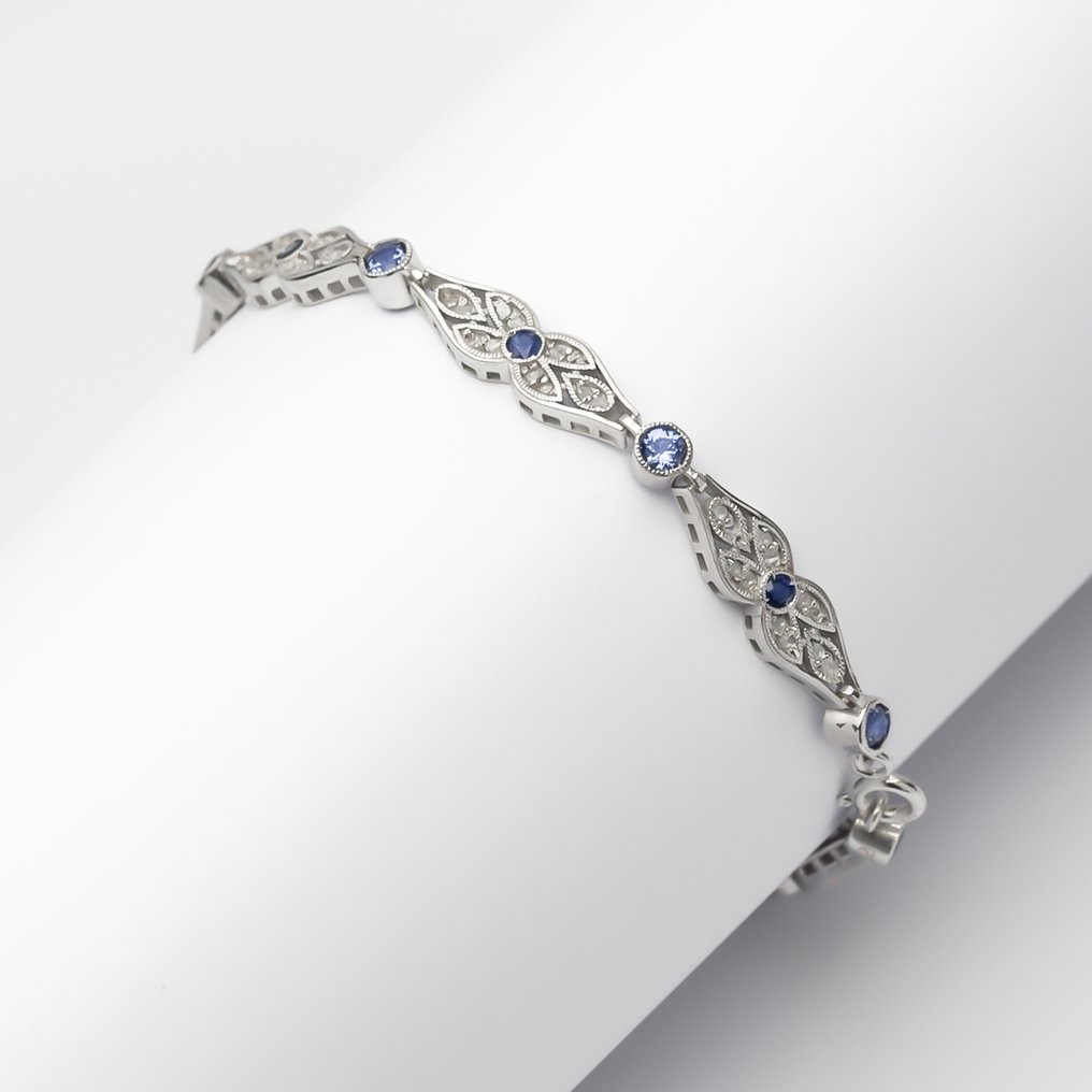 Zonder Minimumprijs - Armband - 14 karaat Zilver, Witgoud - 1.26ct. tw. Saffier - Diamant ...