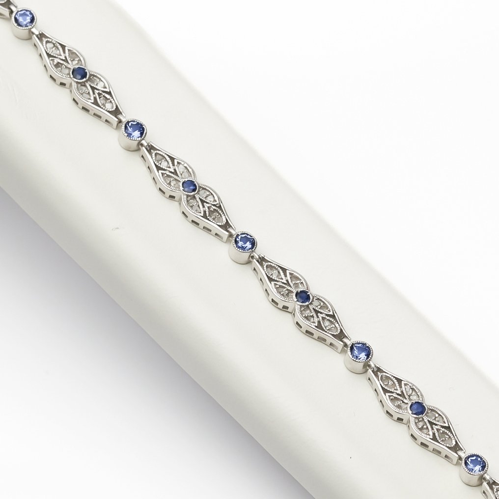 Zonder Minimumprijs - Armband - 14 karaat Zilver, Witgoud - 1.26ct. tw. Saffier - Diamant ...