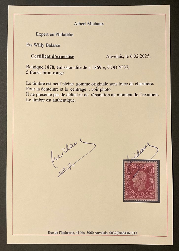 België 1869/1883 - POSTFRIS : Leopold II 5 frank Bruinrood OBP 37 - Mooie centrage - OBP/COB 37 ...
