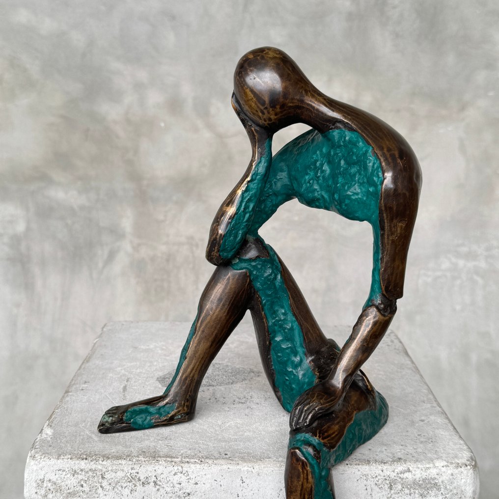 Sculpture, NO RESERVE PRICE - Modern Bronze Sculpture - Sitting Sad Man ...
