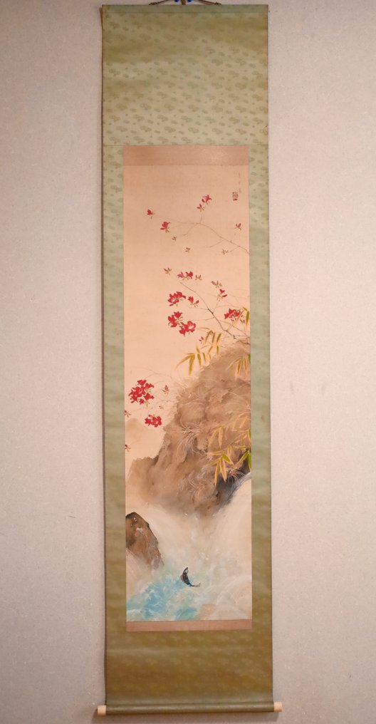 Spring Flowers・Azalea - Sweetfish in a mountain stream - hanging scroll ...