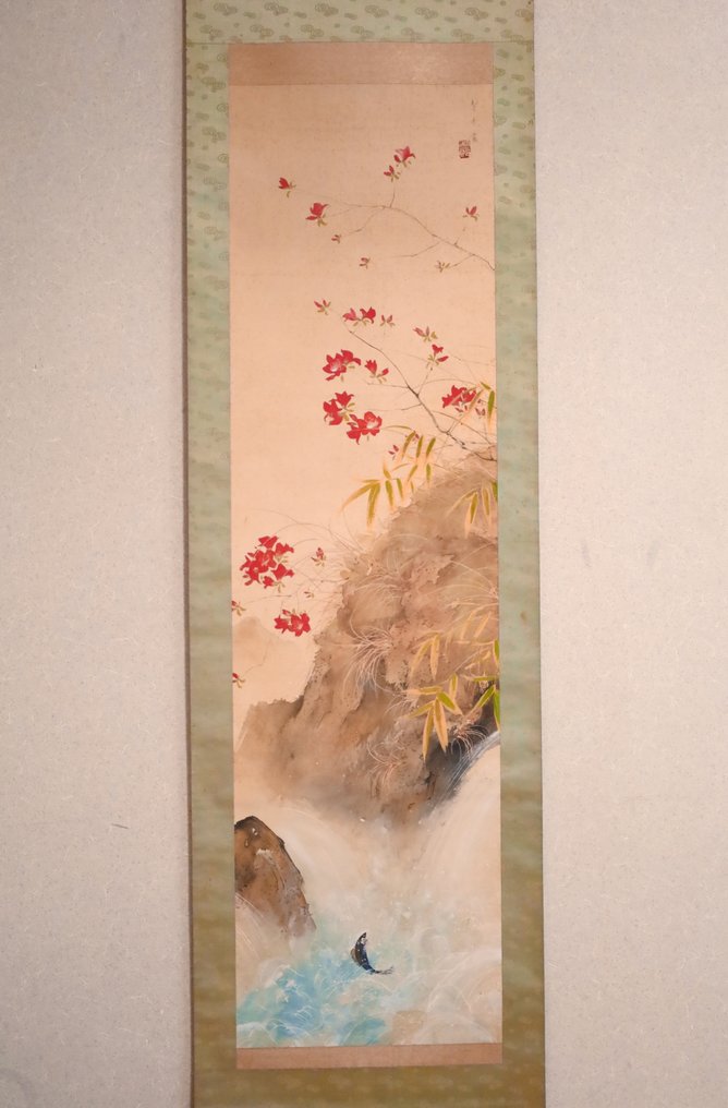 Spring Flowers・Azalea - Sweetfish in a mountain stream - hanging scroll ...
