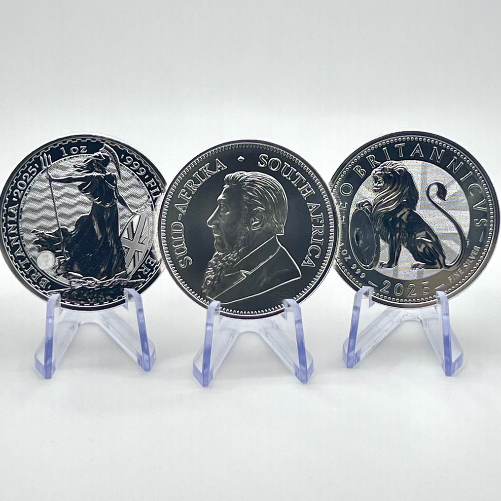 Global. 2025 Set of 3 x 1 oz Silver Coins – The British Lion, Britannia, South Africa Krugerrand ...