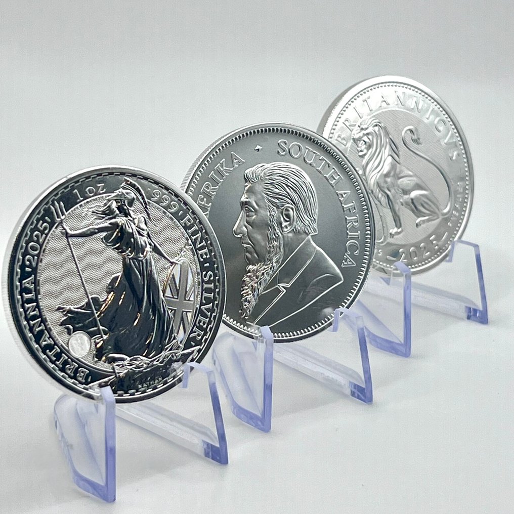 Global. 2025 Set of 3 x 1 oz Silver Coins – The British Lion, Britannia, South Africa Krugerrand ...