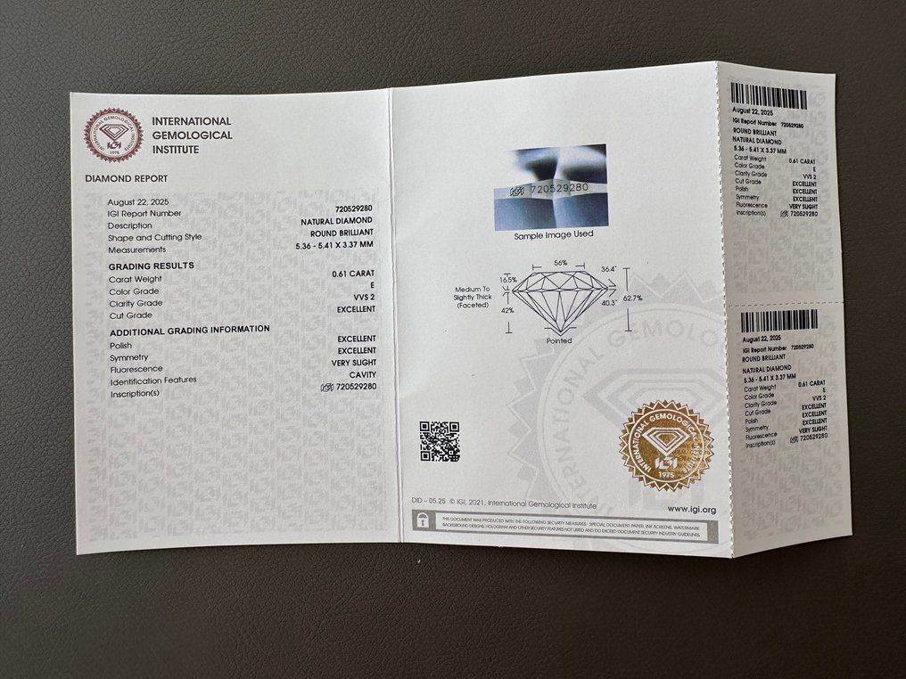 No Reserve Price - 1 pcs Diamond (Natural) - 0.61 ct - Round - E - VVS2 - International ...