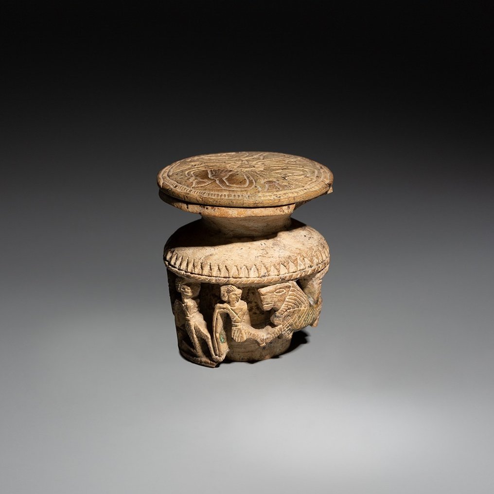 Ancient Egyptian Steatite Glazed Kohl pot with decoration with lid ...
