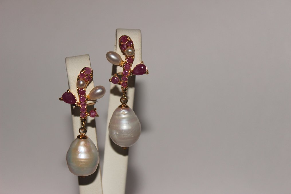 925 Goud gevuld, Zilver - Oorbellen Parels - Robijnen - Catawiki