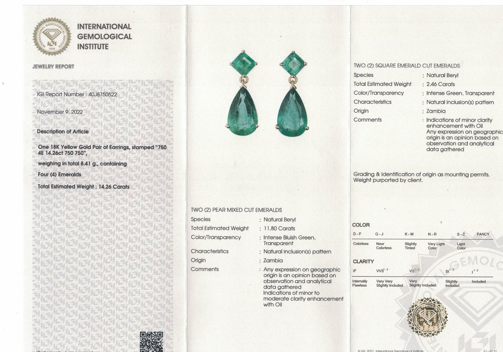 14.26ct Natural Zambian Emeralds - IGI Report - 18 kt. Yellow gold - Earrings - 11.80 ct Emerald ...