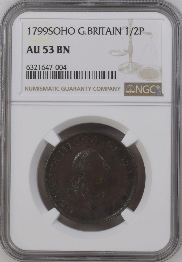 United Kingdom. 1/2 Penny 1799 George III in AU53 BN NGC - Catawiki