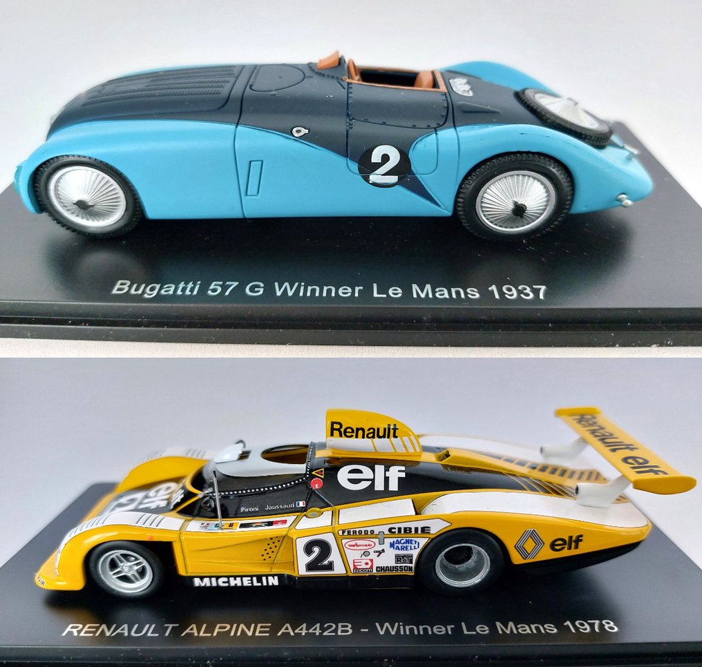 Spark 1:43 - 2 - Modelauto - 2x Le Mans winners - Bugatti 57G #2 + Renault Alpine A442B #2 ...