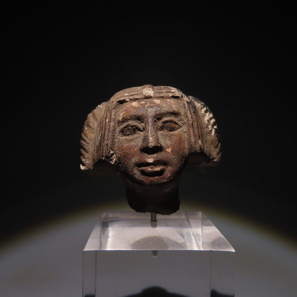 Oud-Egyptisch Steen Pop hoofd figuur. Ptolemeïsche periode, 323 - 30 v.Chr. 4,5 cm H. Oude ...