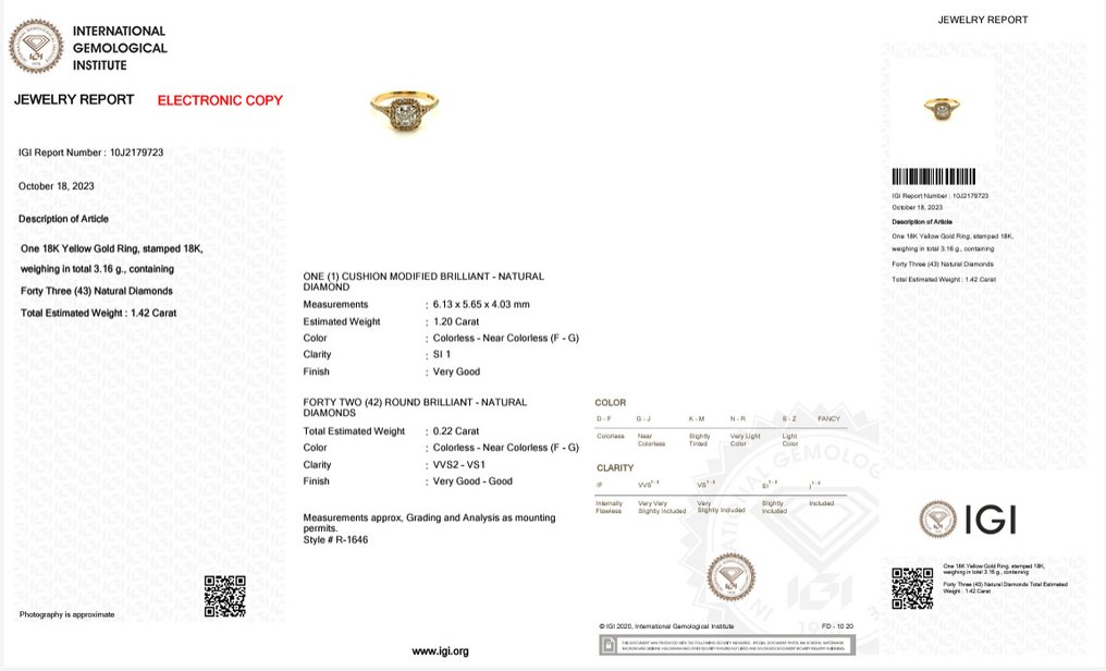 IGI Certificate - 1.42 total carat of natural diamonds - 18 kt. Gold ...