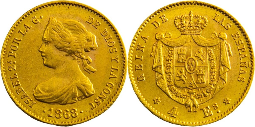 Spanje. Isabel II (1833-1868). 4 Escudos Madrid 1868 *68*. Estrellas 6 puntas - Catawiki