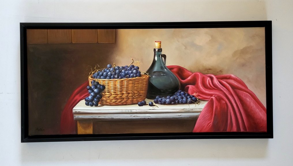 Andreas van de Ven (1950) - Stilleven met druiven, fles en rode doek ...