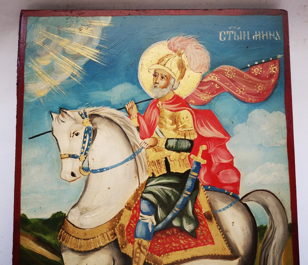 Handbemalte bulgarische Ikone der Heiligen Mina aus dem Obardovsky ... Handbemalte bulgarische Ikone der Heiligen Mina aus dem Obardovsky ...