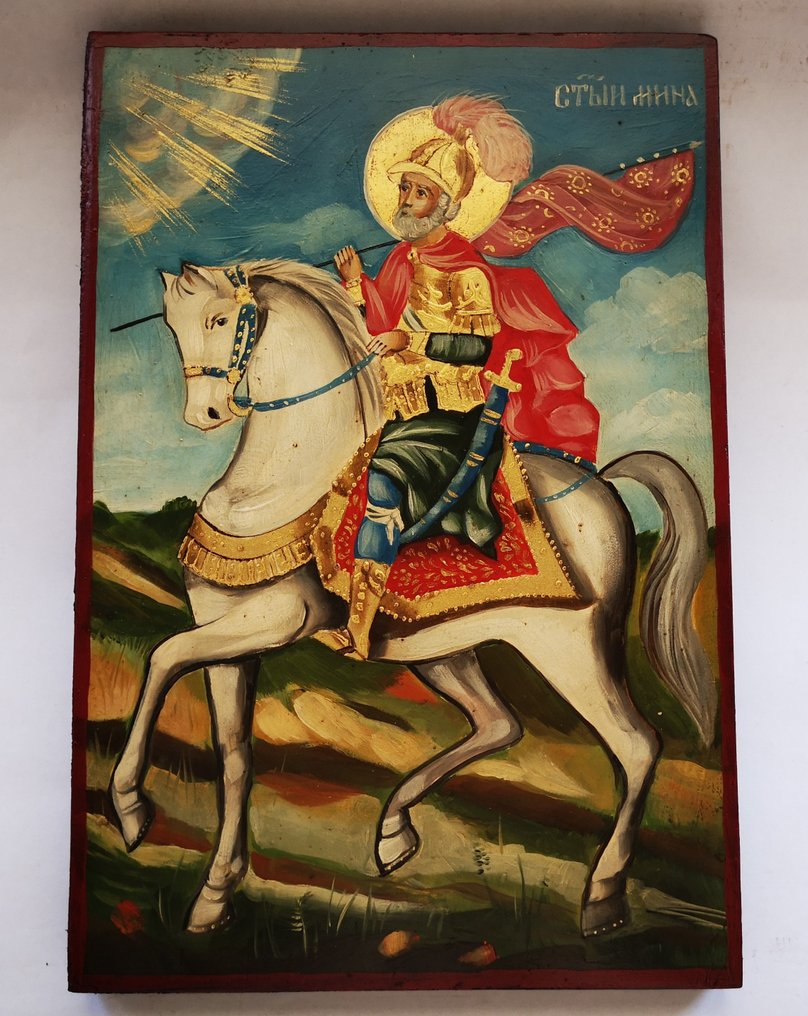 Handbemalte bulgarische Ikone der Heiligen Mina aus dem Obardovsky ... Handbemalte bulgarische Ikone der Heiligen Mina aus dem Obardovsky ...