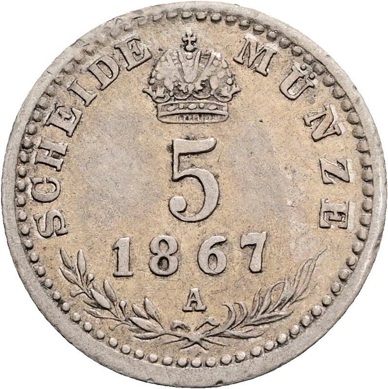 Münzen Kaisertum Österreich 1804 - 1918. Franz Joseph I. 1848 - 1916. 5 Kreuzer 1867 A Wien ...