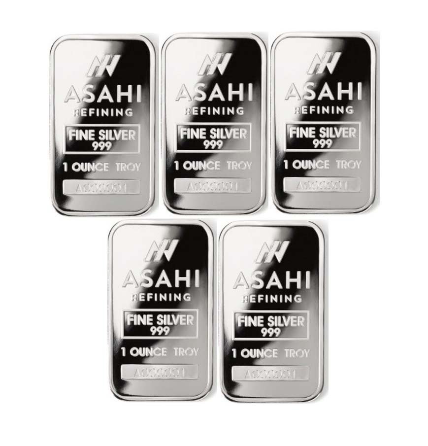 Switzerland. 5 x 1 oz ASAHI 999 Fine Silver Bar - Catawiki