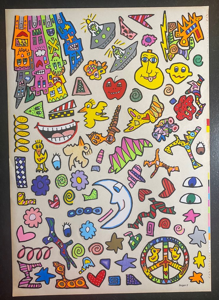 James Rizzi (1950-2011) - Original Aufkleber Bobby Car, beide Bögen ...