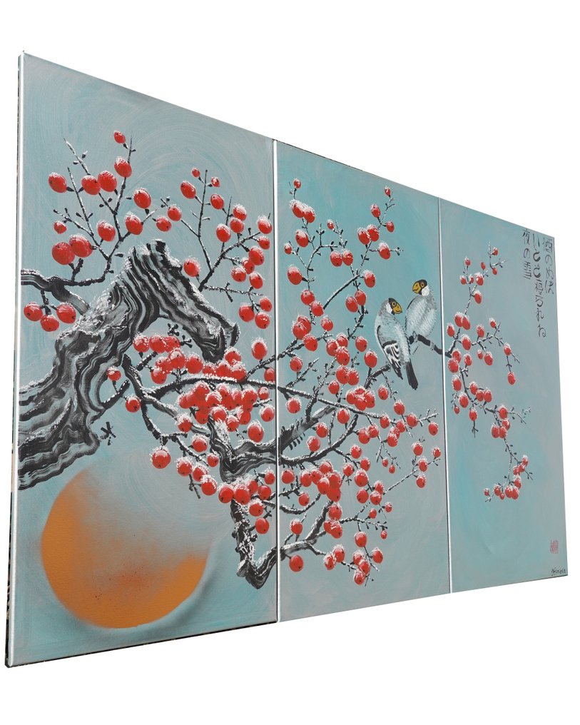 Ksavera - Japanese birds J332 - silver teal triptych - XXL - Catawiki