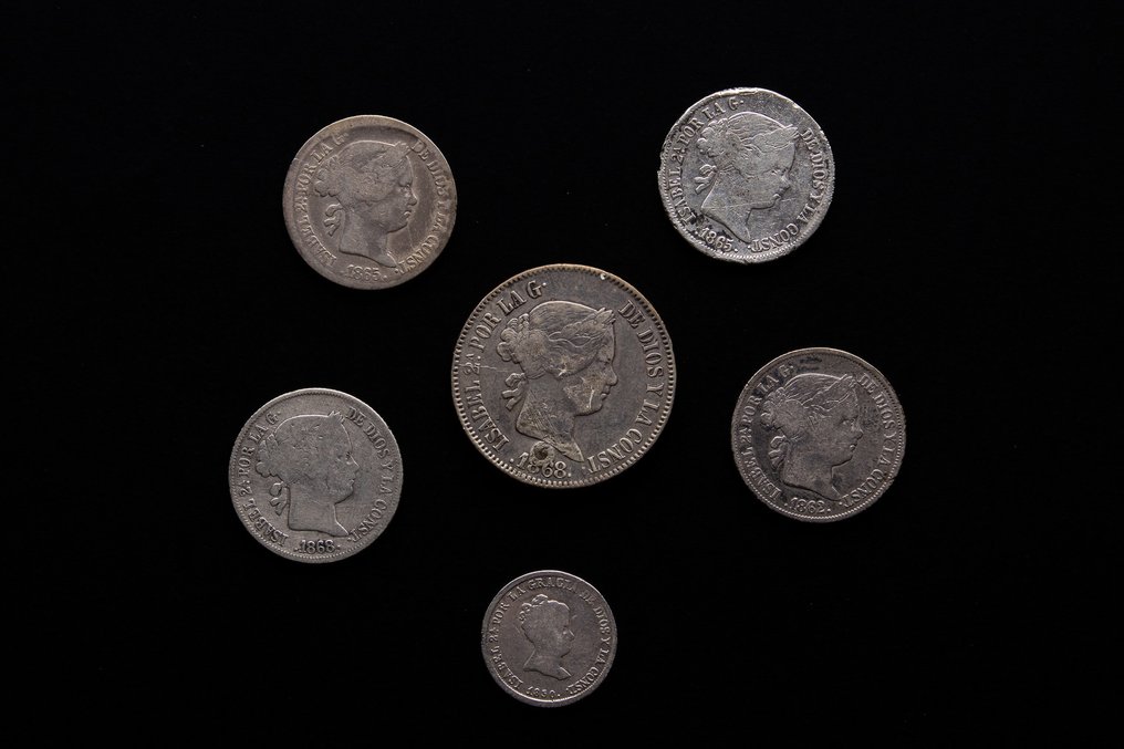 Espagne. Isabel II (1833-1868). 2 y Reales; 40 cent de Esc; 20 y 50 cent de Peso 1850/1865 ...