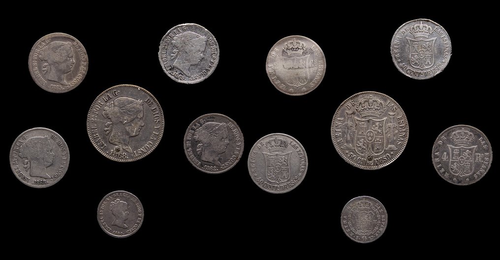 Espagne. Isabel II (1833-1868). 2 y Reales; 40 cent de Esc; 20 y 50 cent de Peso 1850/1865 ...