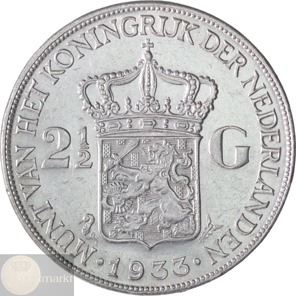 Netherlands. Wilhelmina. 2½ gulden 1933 "Grof haar" - Catawiki