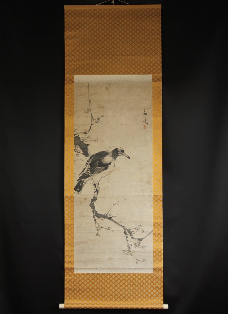 Kacho-ga 花鳥 Crow and plum flowers - With signature and seal Bunchō 文晁 ...