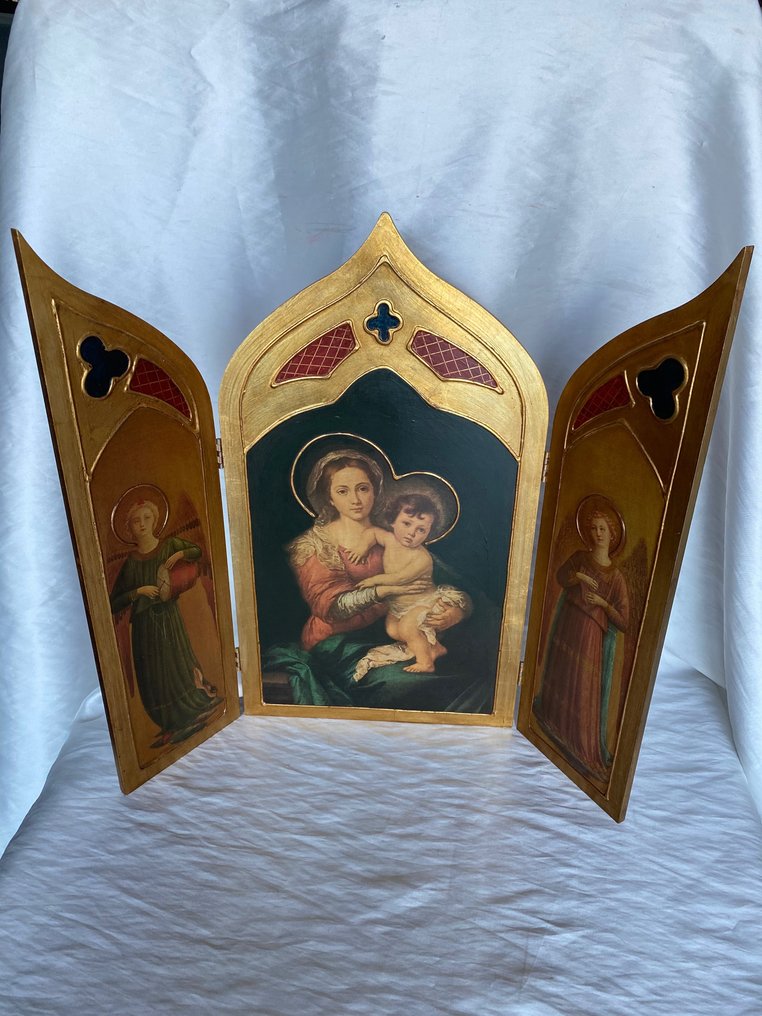 Impressive Religious Triptych - Virgin Mary with child - 70 x 62 cm - Gold leaf, Wood - Catawiki