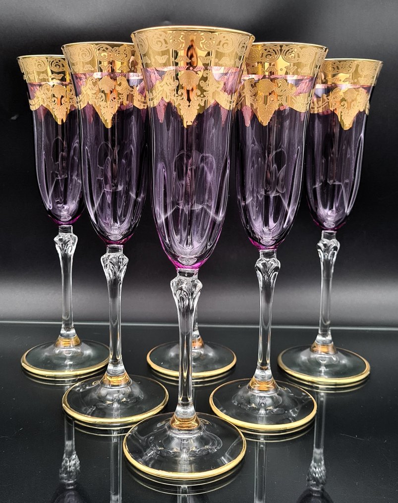 Champagne fluitje (6) - gegolfd - .999 (24 kt) goud, Kristal - Catawiki