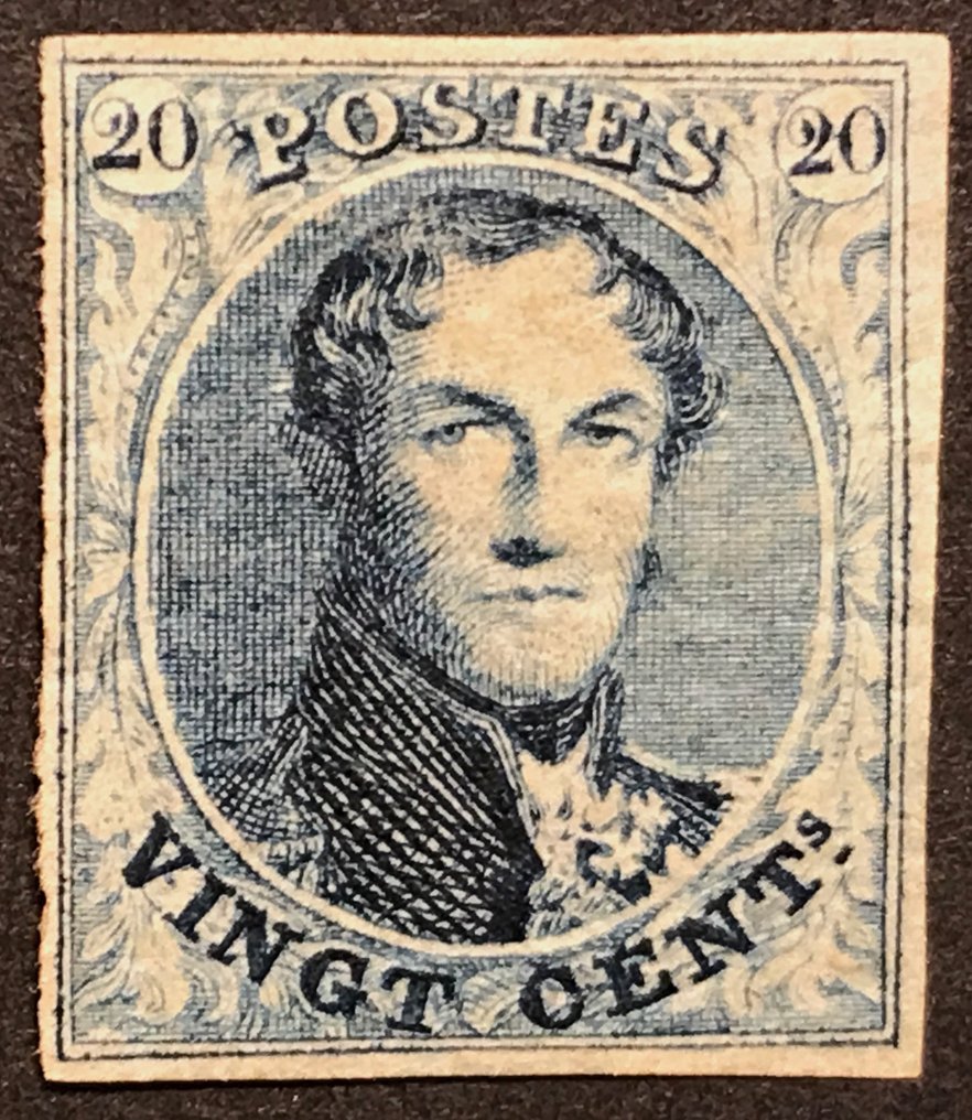 Belgium 1851 - Leopold I Medallion 20c centimes Blue on Thick Paper with Large Margins - OBP 7A ...