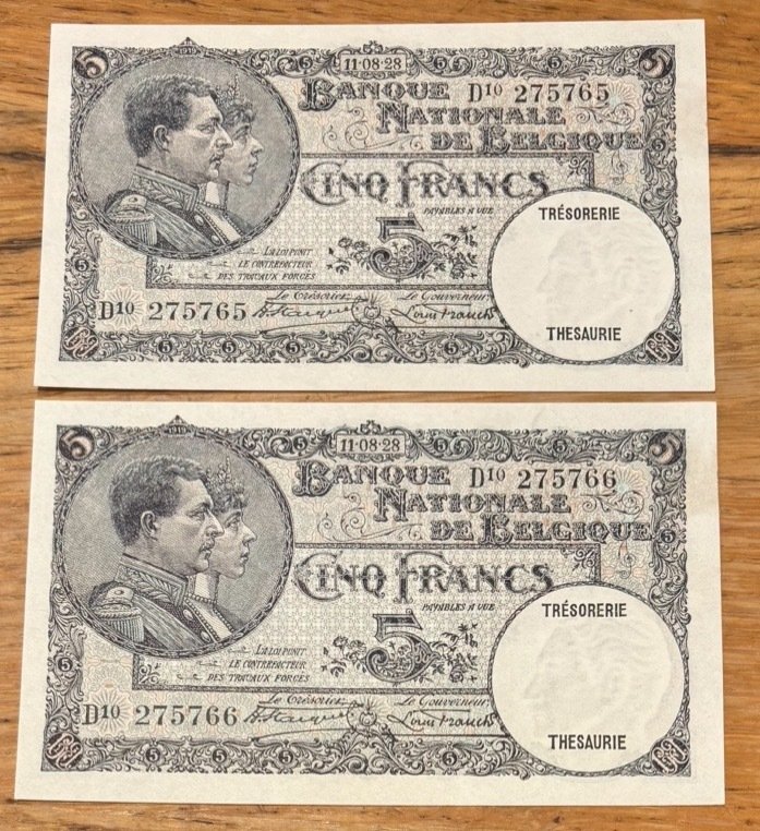 Belgium 2 X 5 Francs 1928 Pick 97b Consecutive Catawiki
