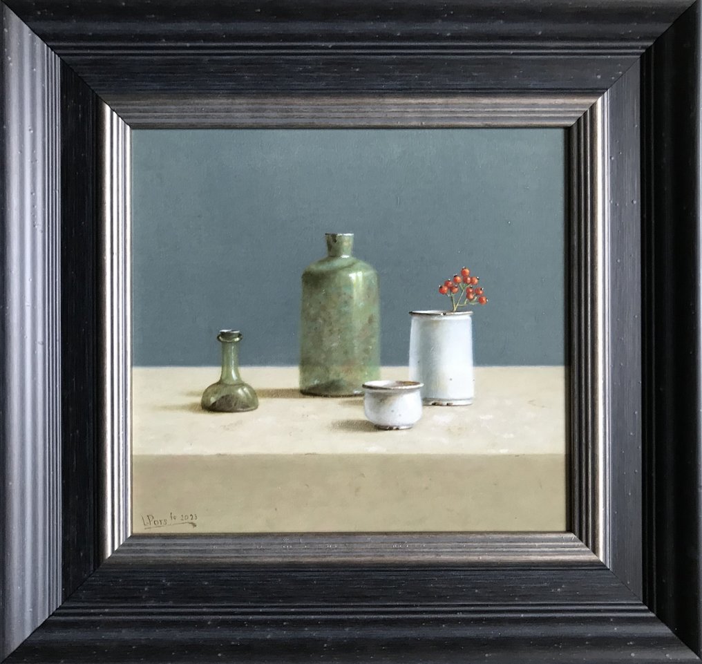 Leo Pors (1952) - Stilleven met 17 eeuwse objecten en rode besjes ...