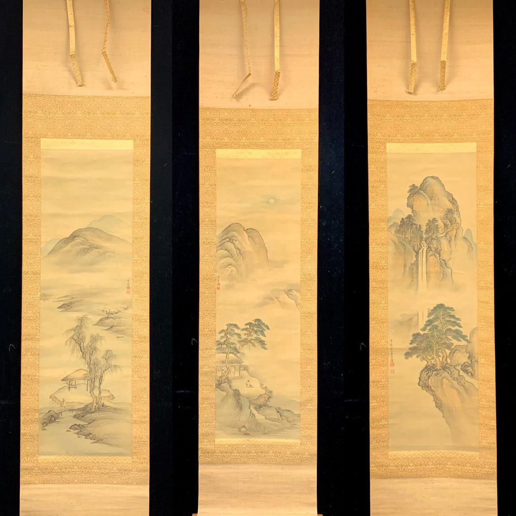 Set of three scrolls - Landscapes with scholar's retreats & waterfall ...