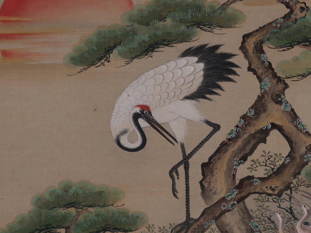 Antique Japanese scroll painting cranes and baby cranes Waterfall ...