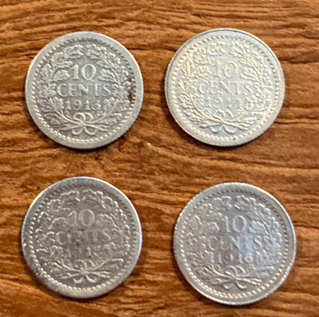 Netherlands. Wilhelmina (1890-1948). 10 Cents 1913/1914/1915 en1916 - Catawiki
