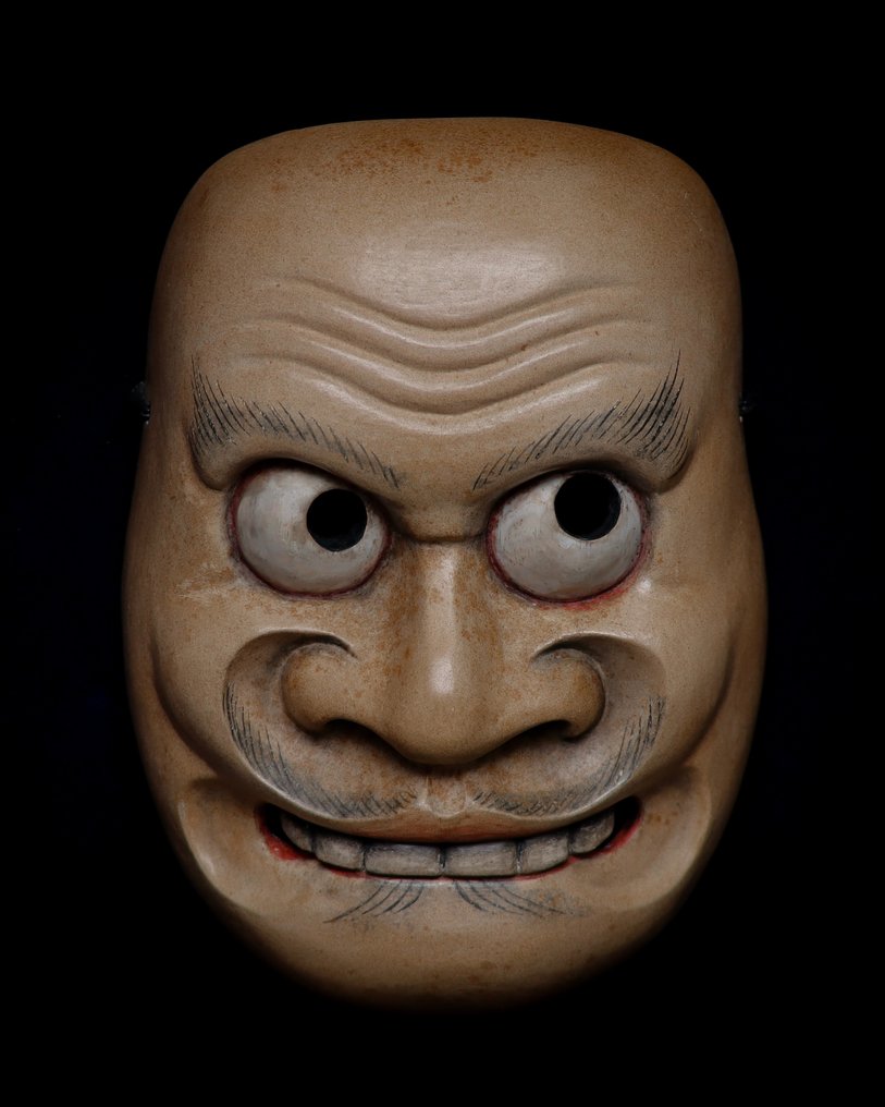 (With mask bag) Rarely! Signed Japanese Wooden Noh/Kyogen Mask of ...
