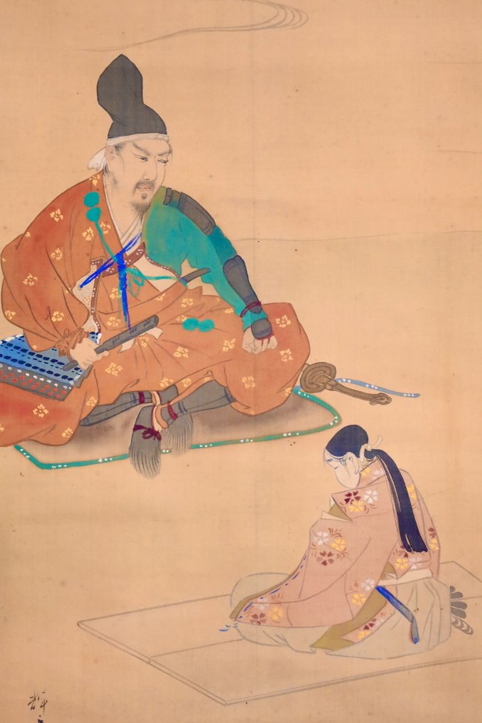 Hanging scroll - Japanese painting - Samurai - father and son farewell - Kodama Teruhiko 児玉輝彦 ...