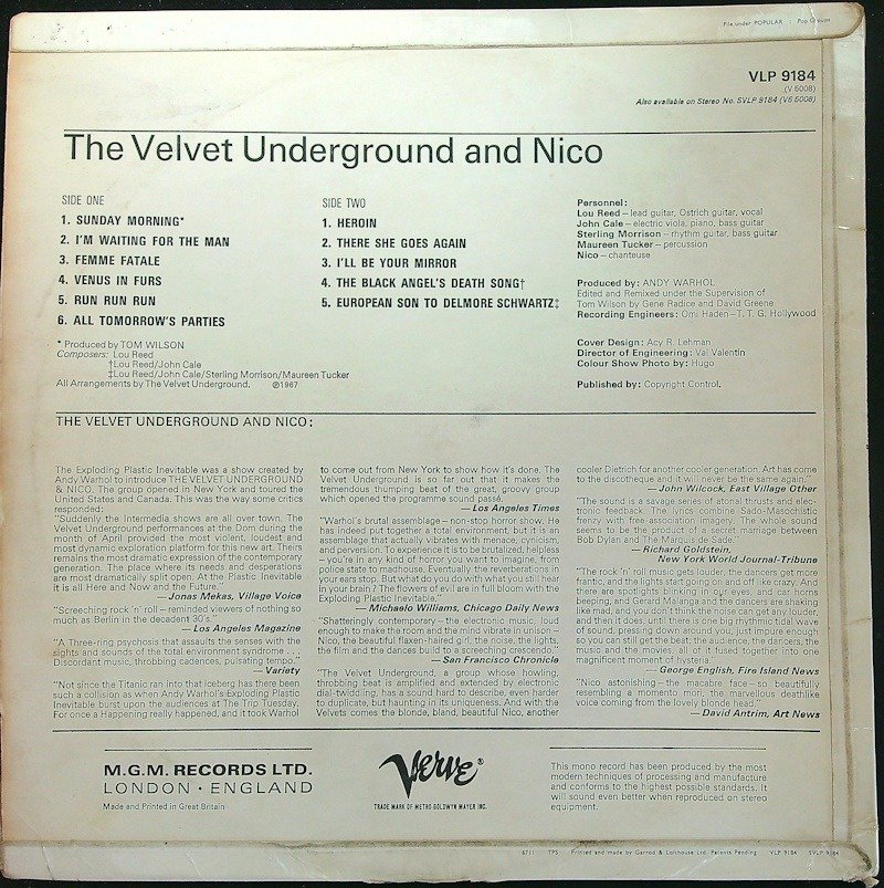 The Velvet Underground And Nico (Garage Rock, Avantgarde, Art Rock, Experimental) - The Velvet ...