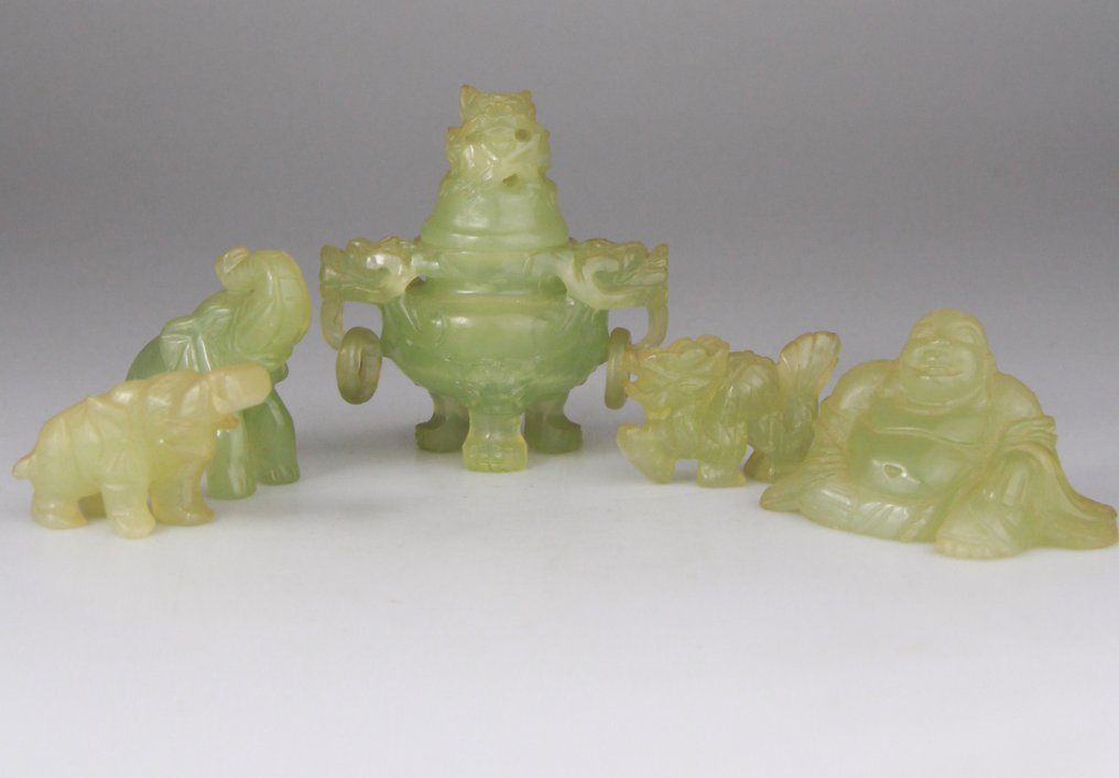Ensemble 5 Statues Serpentine Brule Parfum Bouddha Chine Chinese Statue ...