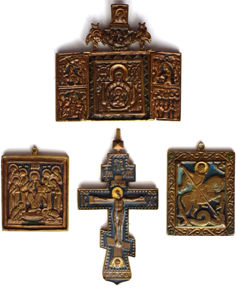 Icon - RUSSIAN ORTHODOX ICON Set of Tryptich, Cross and two bronze icons, copper alloy, cold ...