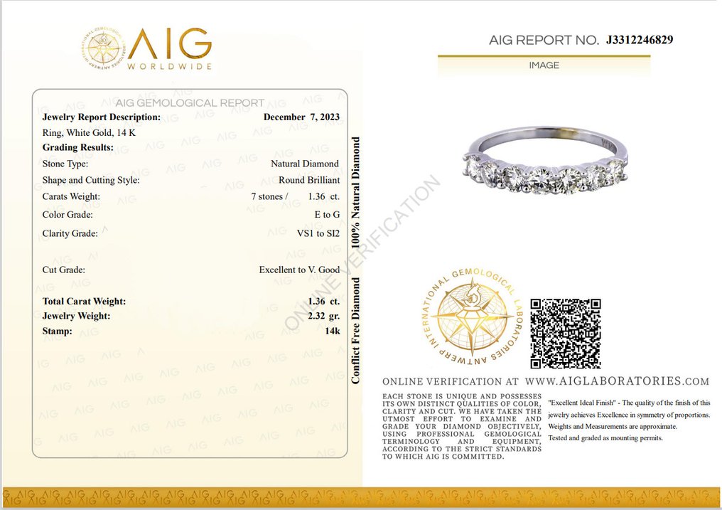AIG Certificate - 1.36 total carat of natural diamonds - 14 kt. White gold - Ring - 1.36 ct ...