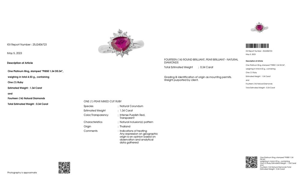 1.68 ctw - 1.34ct Natural Thai Ruby and 0.34ct Natural Diamonds - IGI Report - 850 Platino ...
