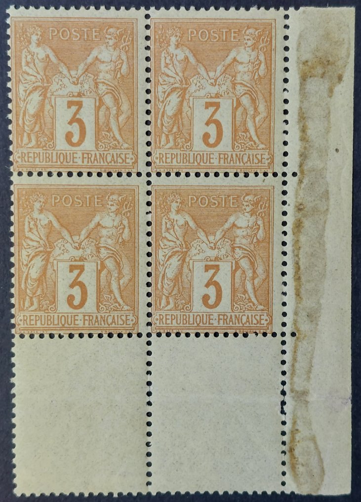 France 1878 Sage Type Ii N Sous U 3 C Bistre Jaune Bloc De 4