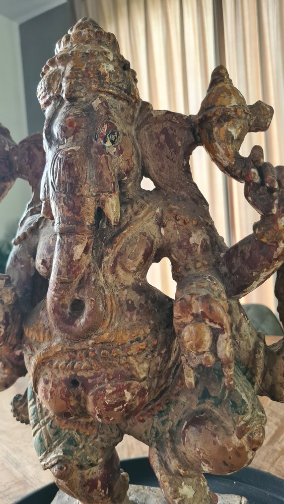 Sculpture (1) - Bois Polychrome - Ganesh - Carved Wood Figure of the ...