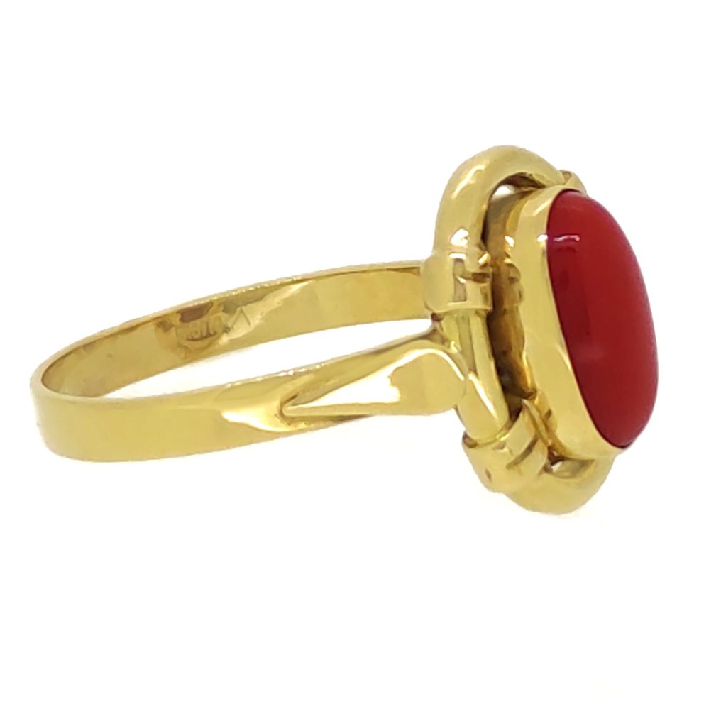 18 carats Or jaune - Bague - Corail rouge de Méditerranée 11,46 x 7,80 ...