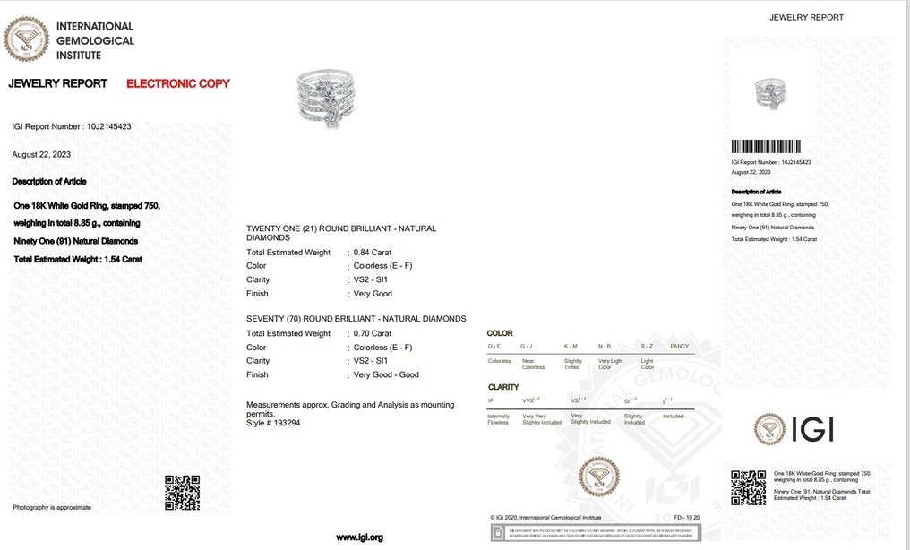 IGI Certificate - 1.54 total ct of natural diamonds - 18 kt. White gold ...