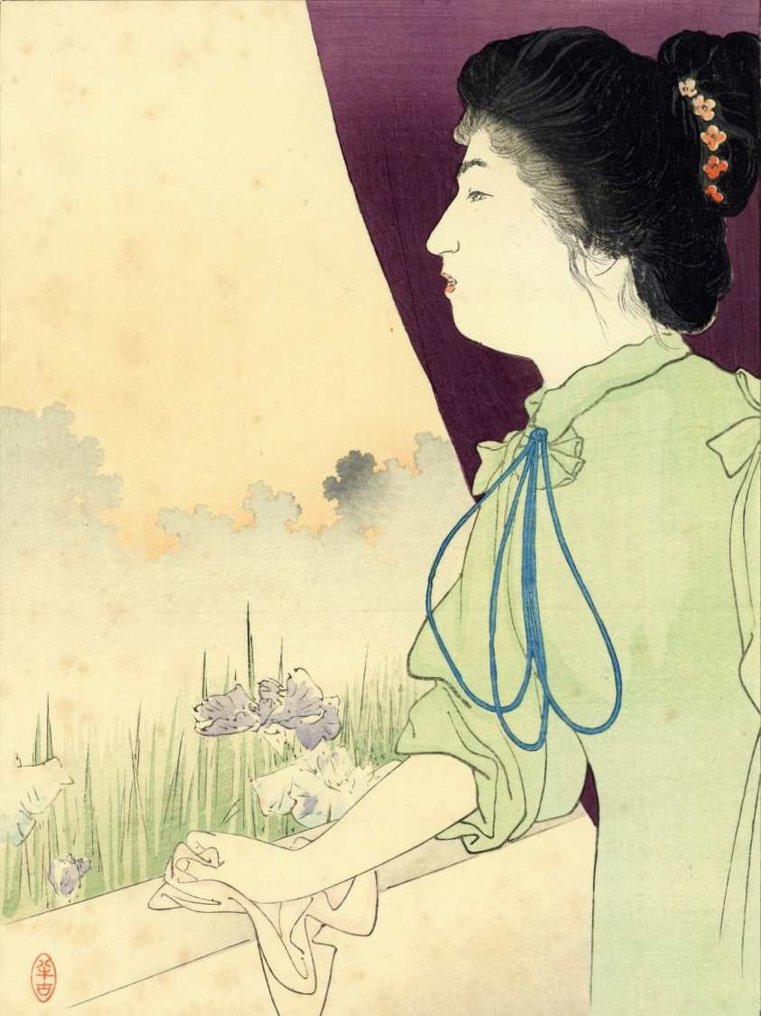 Original kuchi-e (frontispiece) woodblock print - Kangei 歓迎 (welcome) - 1904 - Kajita Hanko 梶田半古 ...