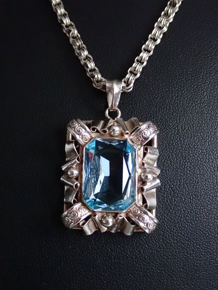 Art Deco hanger met licht blauwe Saffier - 800 Argent - Collier avec ...